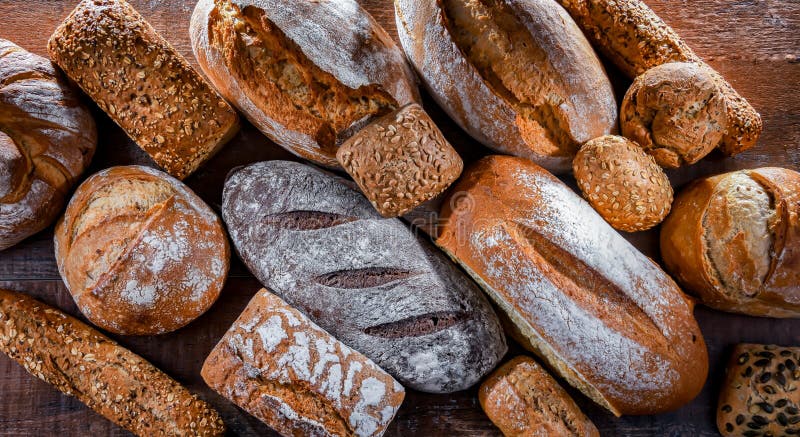 Assorted Bakery Products Including Loafs of Bread and Rolls Stock Photo ...