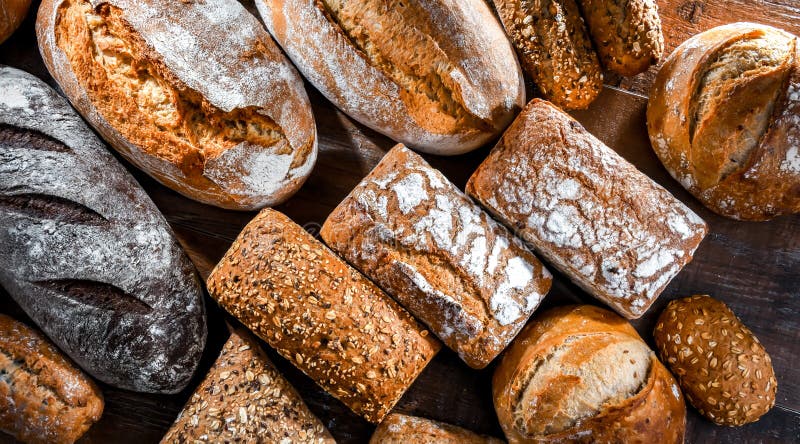 Assorted Bakery Products Including Loafs of Bread and Rolls Stock Photo ...