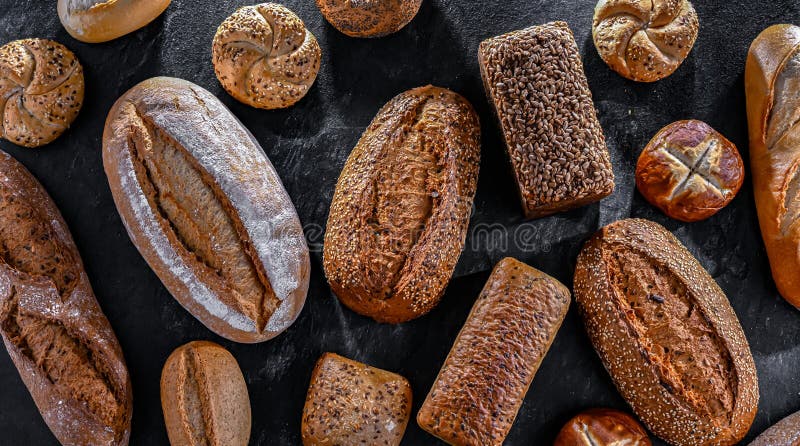 Assorted Bakery Products Including Loaves of Bread and Rolls Stock ...
