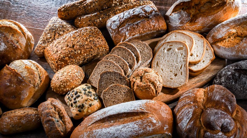 Assorted Bakery Products Including Loaves of Bread and Rolls Stock ...