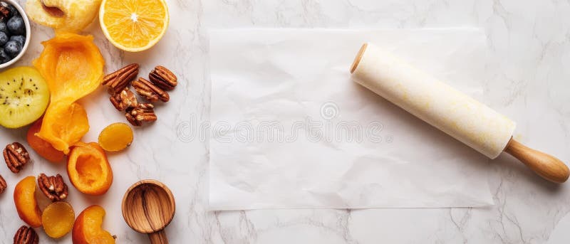 Assorted Baking Ingredients with a Rolling Pin on a Marble Surface ...