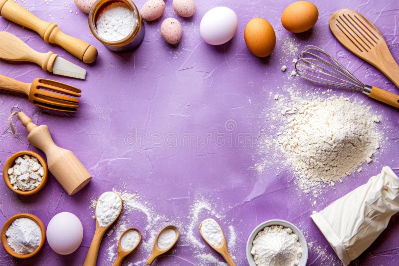 Assorted Baking Ingredients and Utensils on a Purple Background for ...
