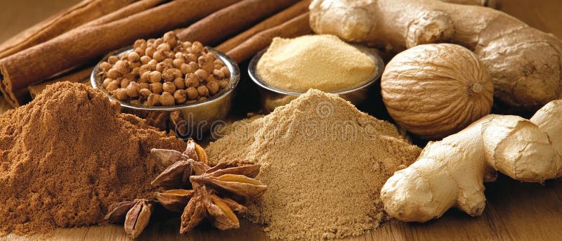 Collection of Baking Spices Including Nutmeg, Ginger, and Cinnamon ...