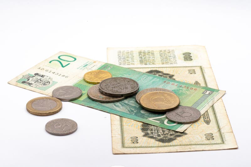 Assorted Banknotes and Coins on White Stock Image - Image of economic ...