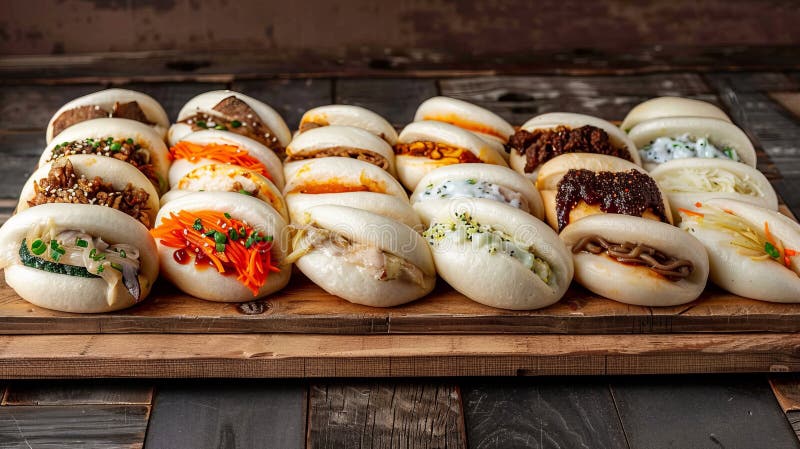 Assorted Bao Buns Served on Wooden Platter in Rustic Setting Stock ...