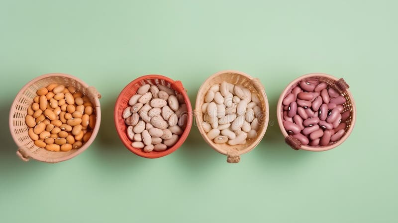 Assorted Beans in a Basket on a Green Background, Top View Stock ...
