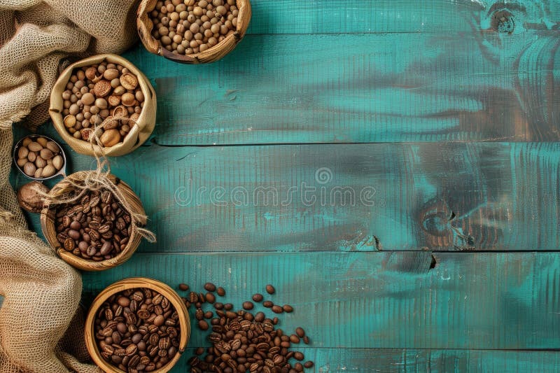 Assorted Beans and Coffee on Rustic Wooden Table Stock Image - Image of ...