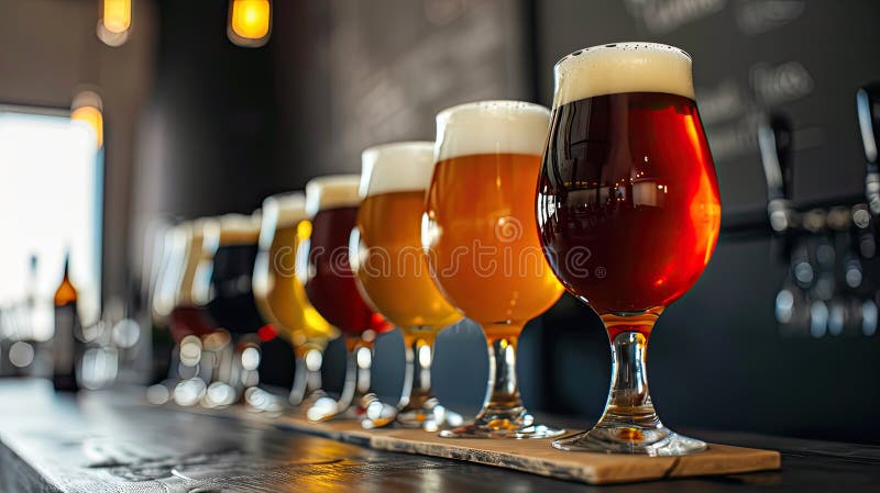 Assorted Beer Glasses Aligned on Bar Counter Stock Image - Image of ...