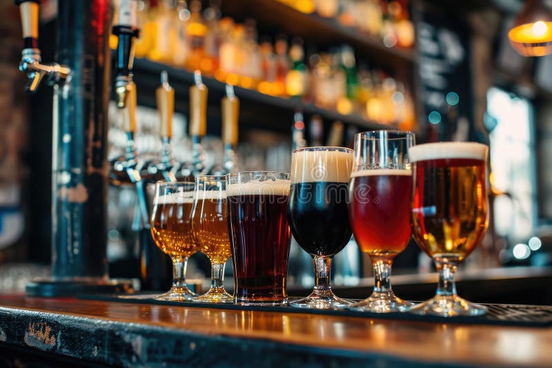 Assorted Beer Glasses Lined on Bar Counter Stock Image - Image of ...