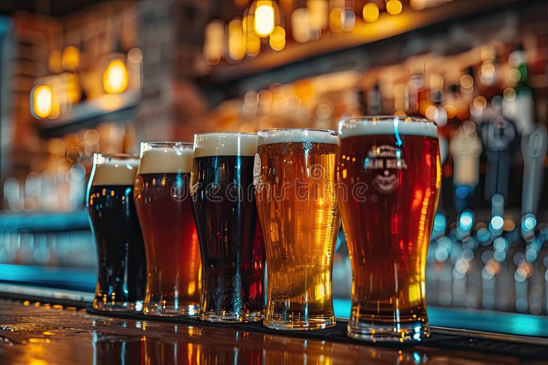 Assorted Beer Glasses Lined Up on Bar Stock Image - Image of alcohol ...