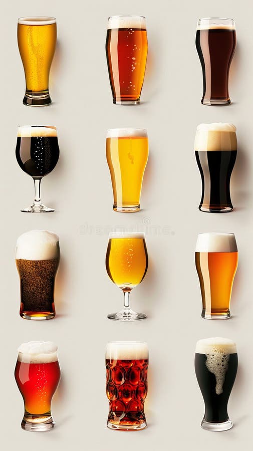 Assorted Beer Glasses with Various Types of Beer, Studio Shot. Beverage ...