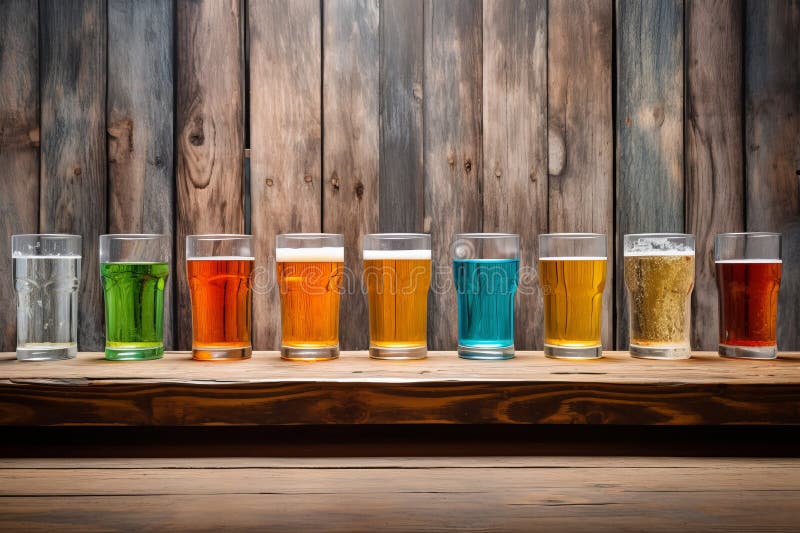 Assorted Beer Glasses on Wooden Table, Rich Colors and Textures for ...