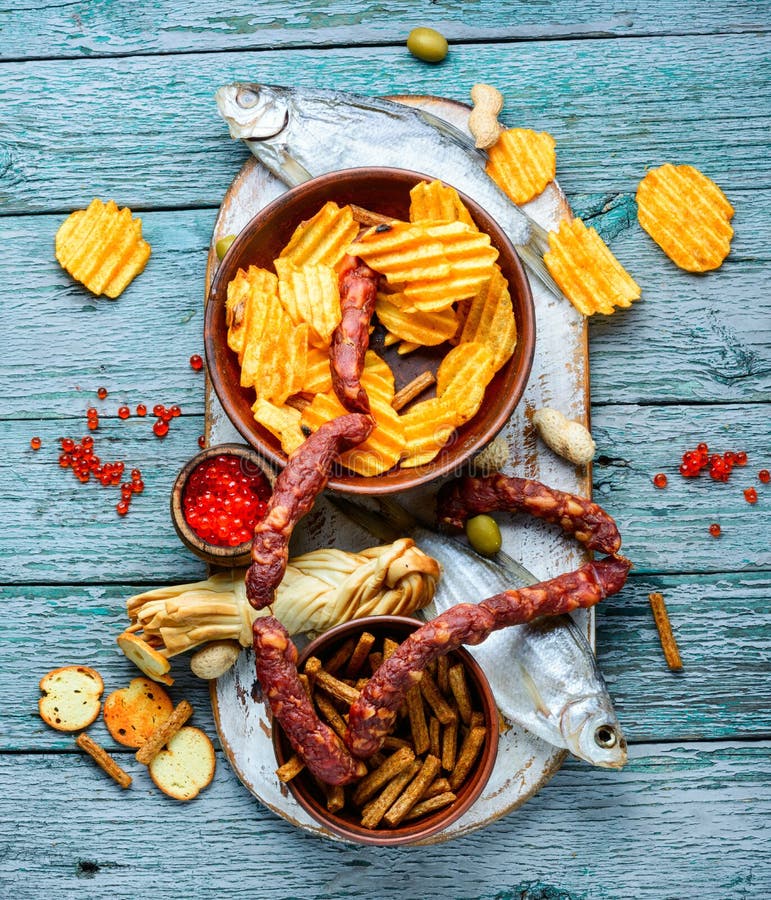 Assorted beer snacks stock photo. Image of crunchy, fast - 144727612