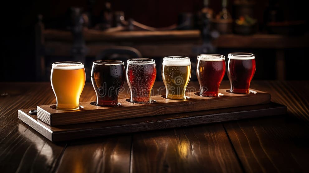 Assorted Beers in a Flight Ready for Tasting. Generative AI Technology ...