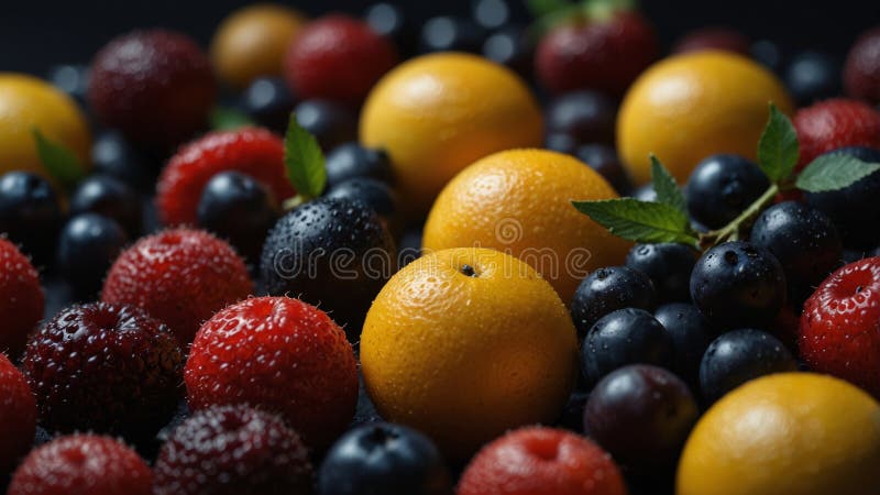 Assorted Berries and Citrus Fruits on Dark Surface. Stock Photo - Image ...