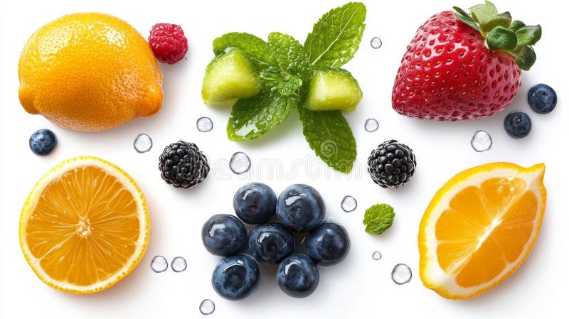 Assorted Berries and Citrus Fruits on White Background Stock ...