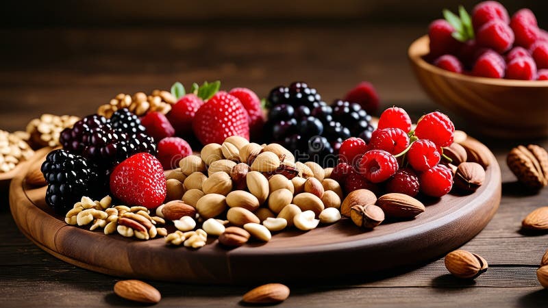 Assorted Berries and Nuts on Wooden Platter: a Vibrant Display of ...