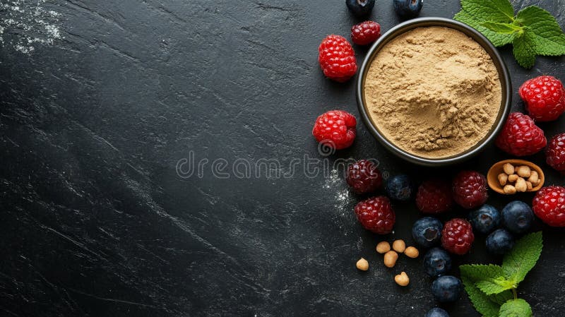 Assorted Berries and Protein Powder on Dark Background with Nuts and ...