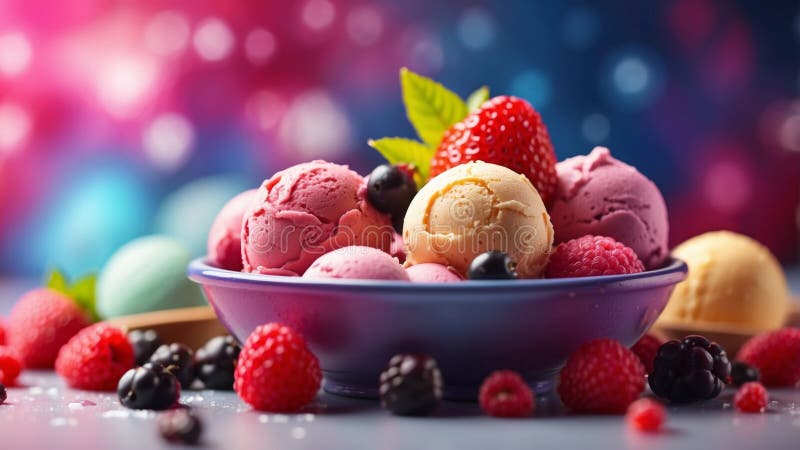 Assorted Berry Flavors of Ice Cream Scoops and Fresh Berries. Stock ...
