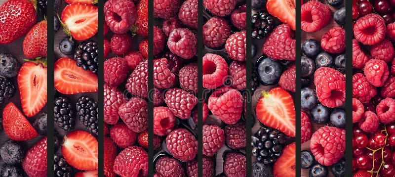 Assorted Berry Product Compilation with White Vertical Lines on Bright ...