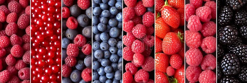 Assorted Berry Products Collage with White Vertical Lines 7 Segments ...