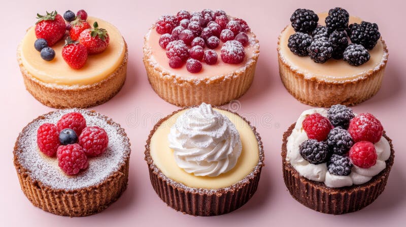 Assorted Berry Tarts with Whipped Cream on Pastel Background. Stock ...