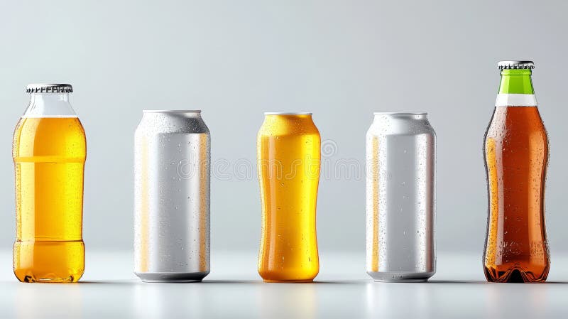 Assorted Beverage Bottles and Cans in a Row Stock Illustration ...