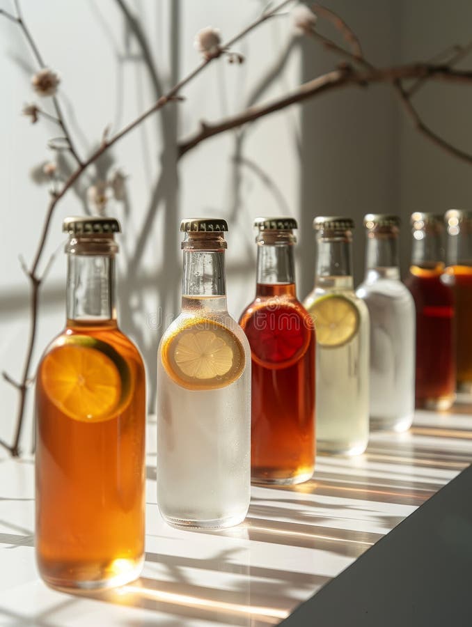 Assorted Beverage Bottles with Citrus Slices in Sunlight Stock Photo ...