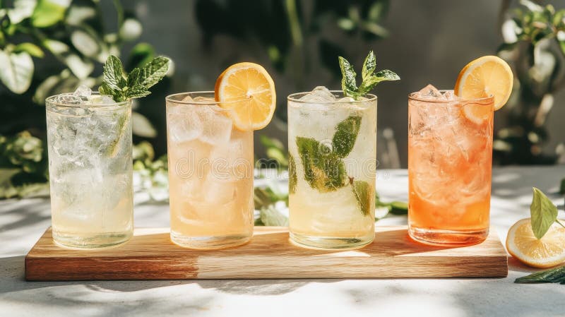 Assorted Beverages Sit on Board. Drinks Filled with Ice and Topped with ...