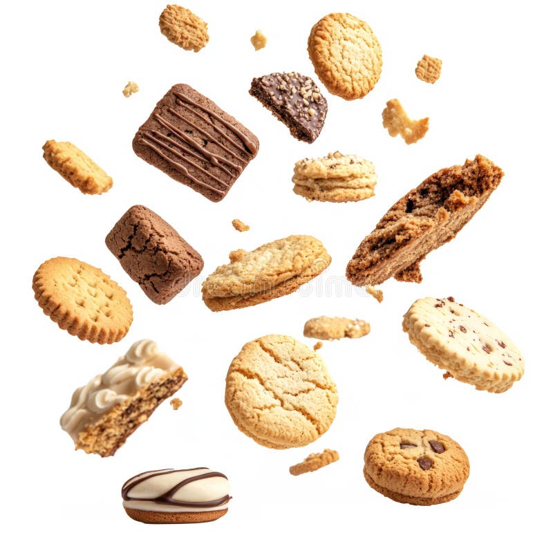 Assorted Biscuits and Cookies Tumbling Mid-air, Crumbs , on White ...