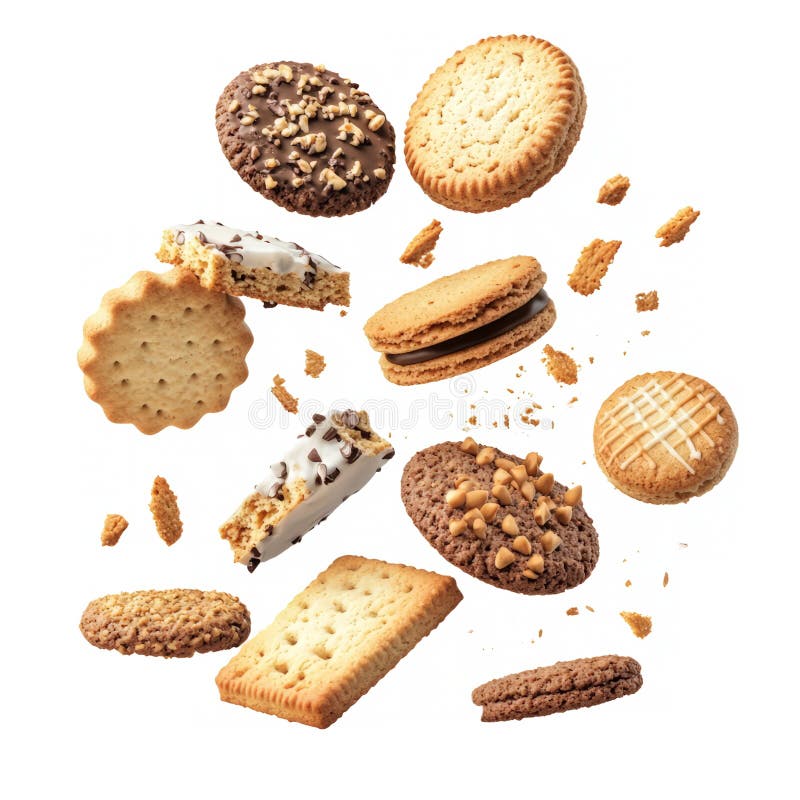 Assorted Biscuits and Cookies Tumbling Mid-air, Crumbs , on White ...