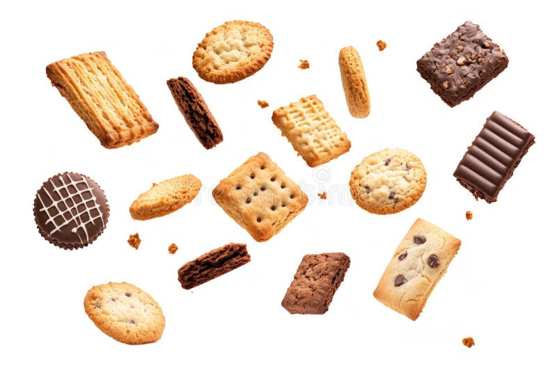 Assorted Biscuits and Cookies Tumbling Mid-air, Crumbs , on White ...
