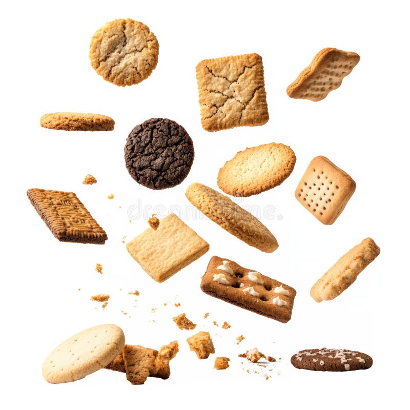 Assorted Biscuits and Cookies Tumbling Mid-air, Crumbs , on White ...