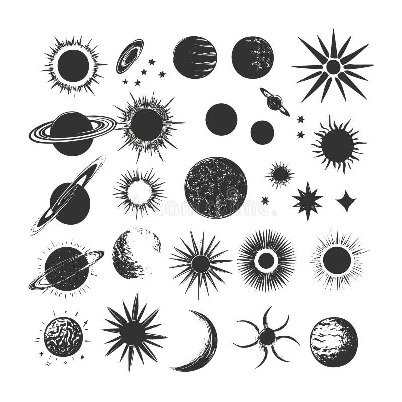 Assorted Black Celestial Symbols Including Suns, Moons, Planets, and ...