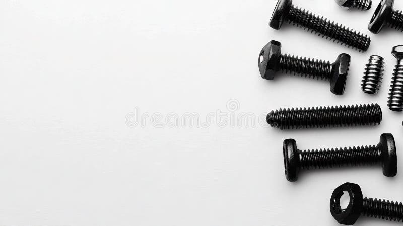 Assorted Black Screws and Bolts Arranged on a White Background Stock ...