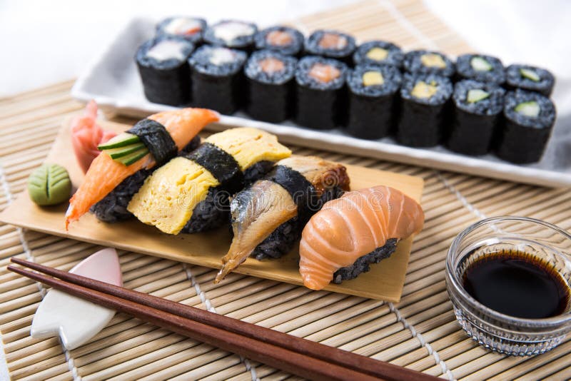 Assorted Black Sushi and Maki Roll Stock Image - Image of fish ...