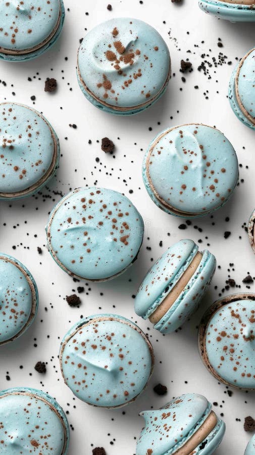 Assorted Blue Macarons on White Background with Chocolate Crumbs Stock ...