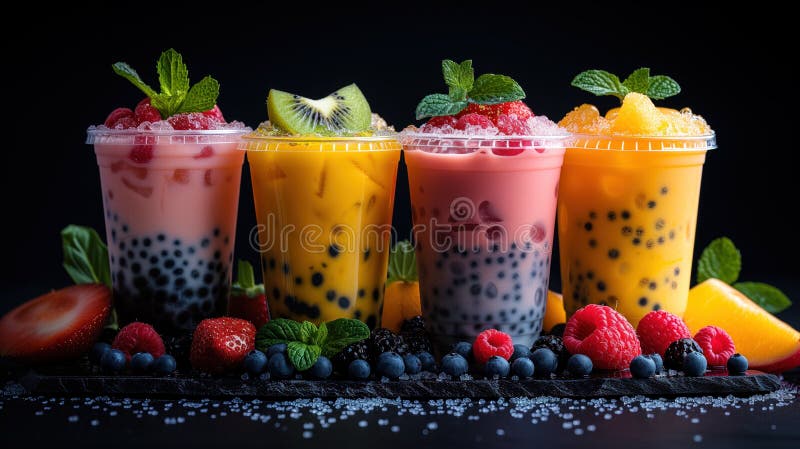 Assorted Boba Tea on a Black Background Stock Illustration ...