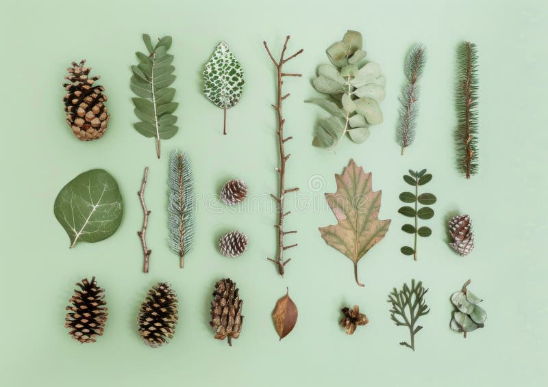 Assorted Botanical Elements on a Soft Green Background, Featuring Various Leaves, Pine Cones ...