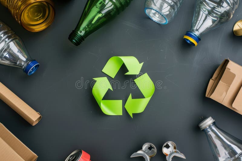 Assorted Bottles and Cans for Recycling with Green Recycle Symbol ...