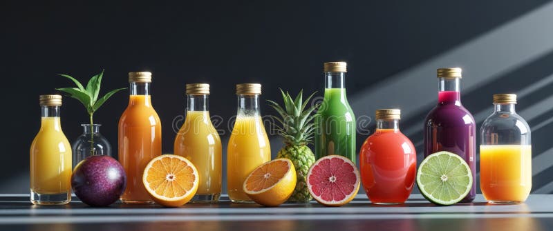 Assorted Bottles of Colorful Fresh Fruit Juices Arrangement on Dark ...
