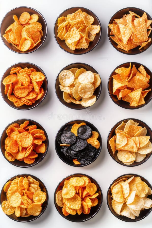 Assorted Bowls of Crispy Potato Chips in Various Flavors Displayed in a ...