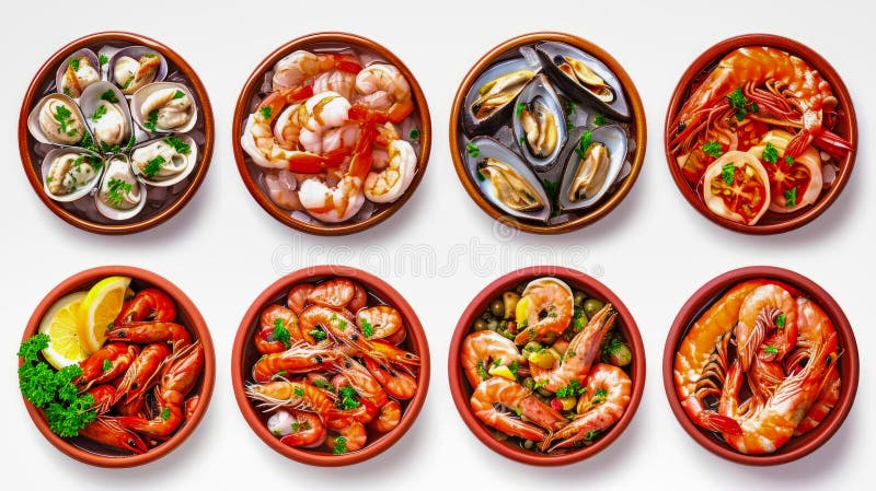 Assorted Bowls of Food with a Variety of Seafood Options Stock ...