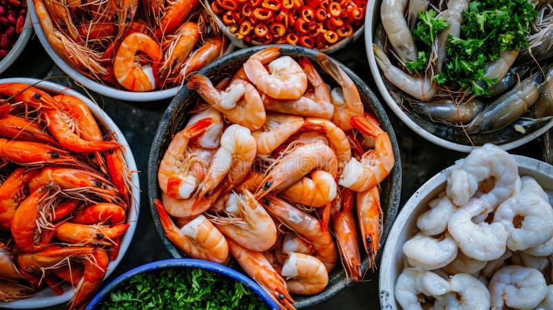Assorted Bowls of Food with a Variety of Seafood Options Stock ...