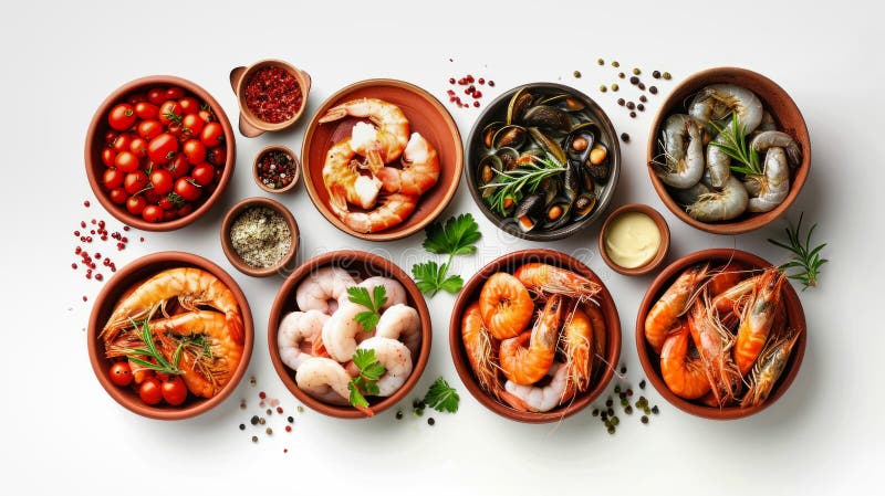 Assorted Bowls of Food with a Variety of Seafood Options Stock ...