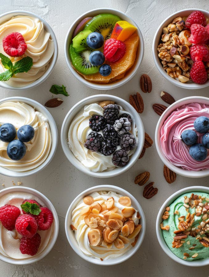 Assorted Bowls of Frozen Yogurt with Various Toppings on Display. Stock ...