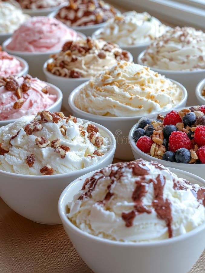 Assorted Bowls of Ice Cream with Various Toppings. Stock Photo - Image ...