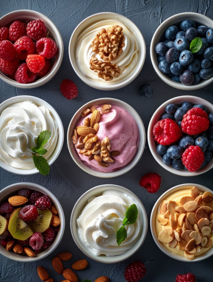 Assorted Bowls of Yogurt with Various Fruit and Nut Toppings. Stock ...