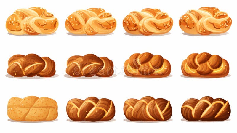 Assorted Braided Bread Designs in Cartoon Style on White Background ...