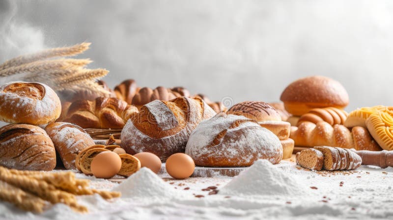 Assorted Bread and Baking Ingredients on a Floured Surface Stock Image ...
